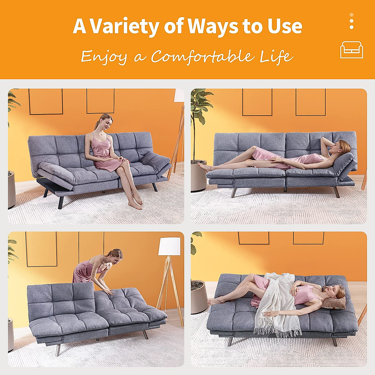 Hcore Convertible Bed Grey Fabric Memory Foam Loveseat Futons Couch,Small Euro Lounger Sofa for Compact Living Spaces,Apartment,Dorm,Studio,Guest Room, Home Office, Flax Gray