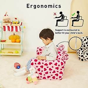 YLHO Flip-Out Sofa, 2-in-1 Convertible Sofa to Lounger for Kids, Soft and Comfy Toddler Couch for Kids Age 18 Months and Up (Pink & Red Heart)