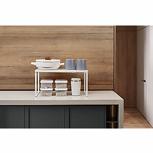 Nxconsu Expandable Cabinet Shelf Organizer Storage Rack Shelf Riser for Kitchen Pantry Cupboard Bathroom Under Sink Countertop Desktop Space Saver Freestanding Stackable Heavy Duty Flat Edge White