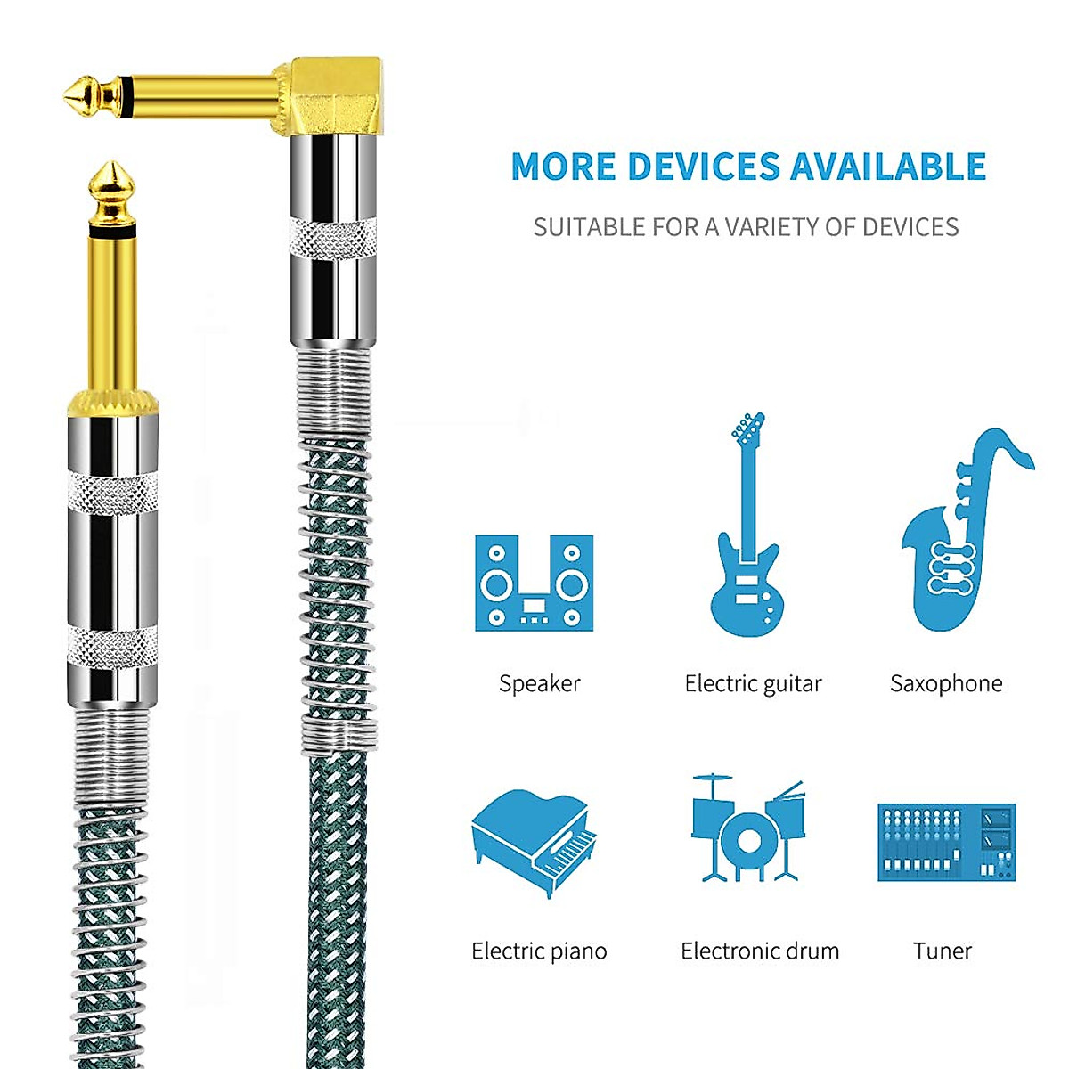 tisino Guitar Cable 10 ft, 1/4 inch Cable Straight to Right Angle Guitar Cord Instrument Cable for Electric Guitar, Bass, Amp, Keyboard, Mandolin - Green