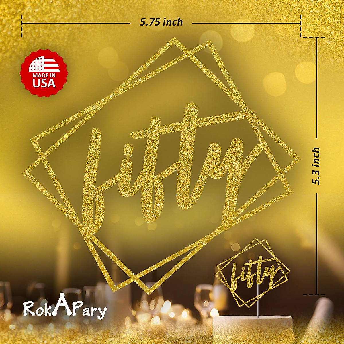 Fifty Cake Topper Gold Glitter, Modern Design 50 Birthday, Days, Months, Anniversary Party Decoration Ideas, Premium Quality, Sturdy Doubled Sided Glitter, Acrylic Stick. Made in USA