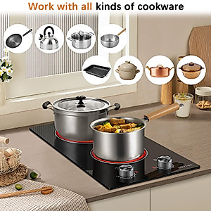 Noxton 110v Electric Cooktop 2 Burners, Plug in Electric Stove 12 Inch, Built-in or Above the Counter Use, 9 Power Level, Knob Control Ceramic Stovetop, Great for the Elderly