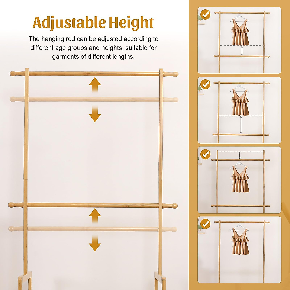 Vilaxing Kids Clothing Rack Bamboo with 2 Storage Baskets and 2 Adjustable Hanging Rods,Child Garment Rack,Dress up Rack for Playroom,Toddlers Bedroom (Natural)