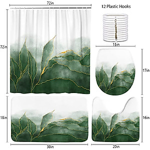 LOKMU 4 Pcs Shower Curtain Sets with Non-Slip Rugs, Toilet Lid Cover and Bath Mat,Green Paint and Golden Shiny Veins Spilled Waterproof Shower Curtain with 12 Hooks, Bathroom Decor Sets, 72"x 72"