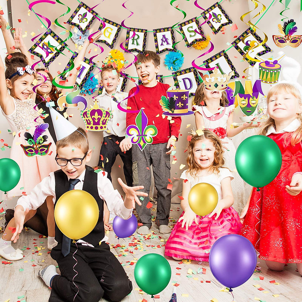 43 Pieces Mardi Gras Hanging Decorations Kit Included New Orleans Pennant Banner 18 Pieces Mardi Gras Hanging Swirls and 24 Pieces Mardi Gras Latex Balloons for Mardi Gras Party Decorations Supplies