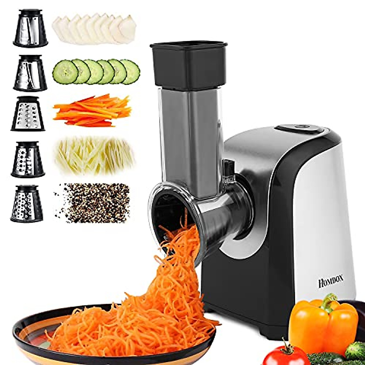 Homdox Electric Cheese Grater 5 in 1 Professional Electric Shredder Vegetable silcer 150W One-Touch Control Salad Maker for Cheese, Chocolate, Fruits, Vegetables