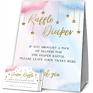 JCVUK Baby Shower Games, 1 Diaper Raffle Standing Sign with 50 Diaper Raffle Tickets, Twinkle Twinkle Little Star, Gold Moon and Stars Theme Gender Reveal Party Decorations and Supplies(LBLK-A06)