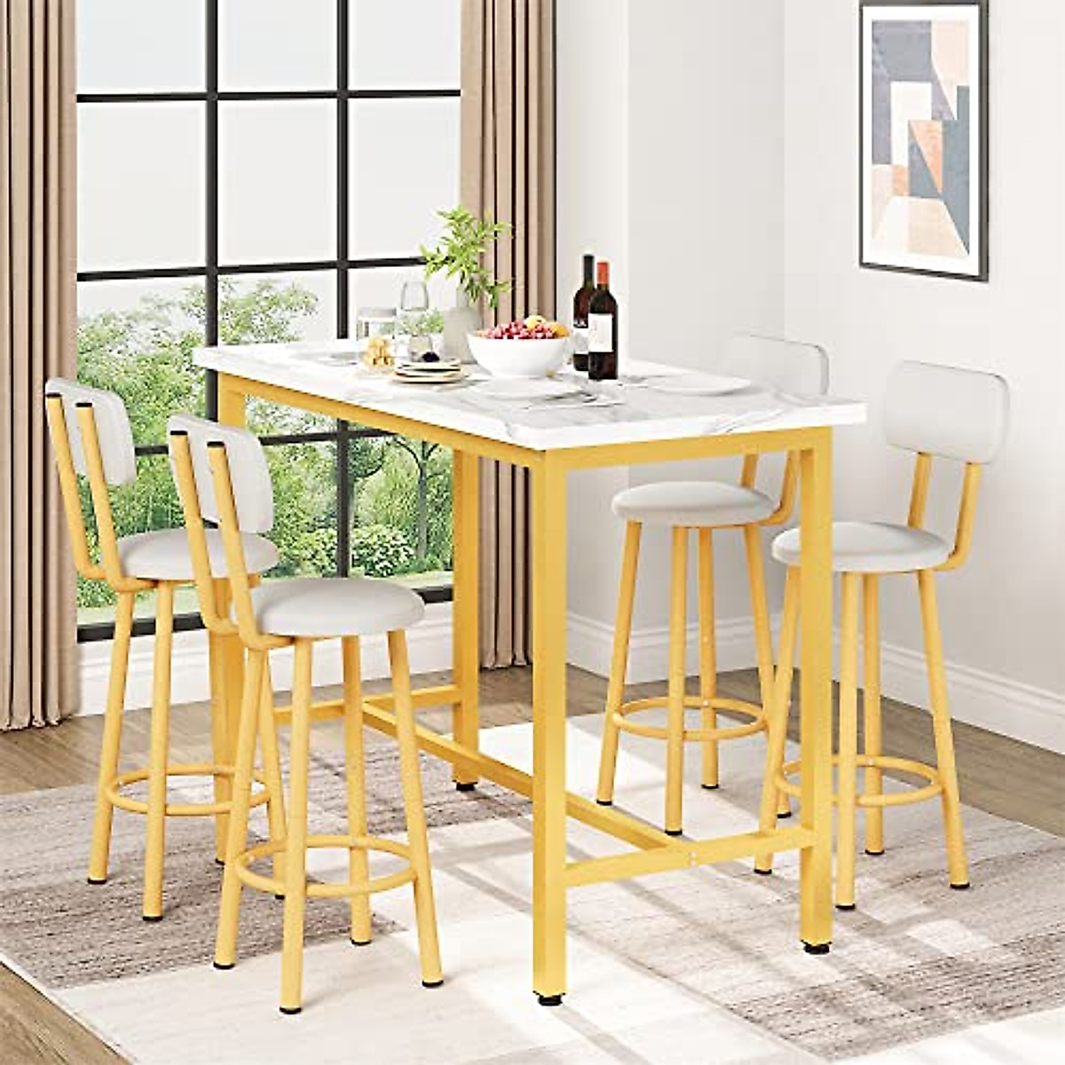 DKLGG 43.3” Dining Table Set for 4, Rectangle Bar Table and Chairs Set with 4 PU Leather Backrest Stools, Pub Dining Room Table Set for Kitchen, Bar, Living Room, Breakfast Nook, Small Space Dinette