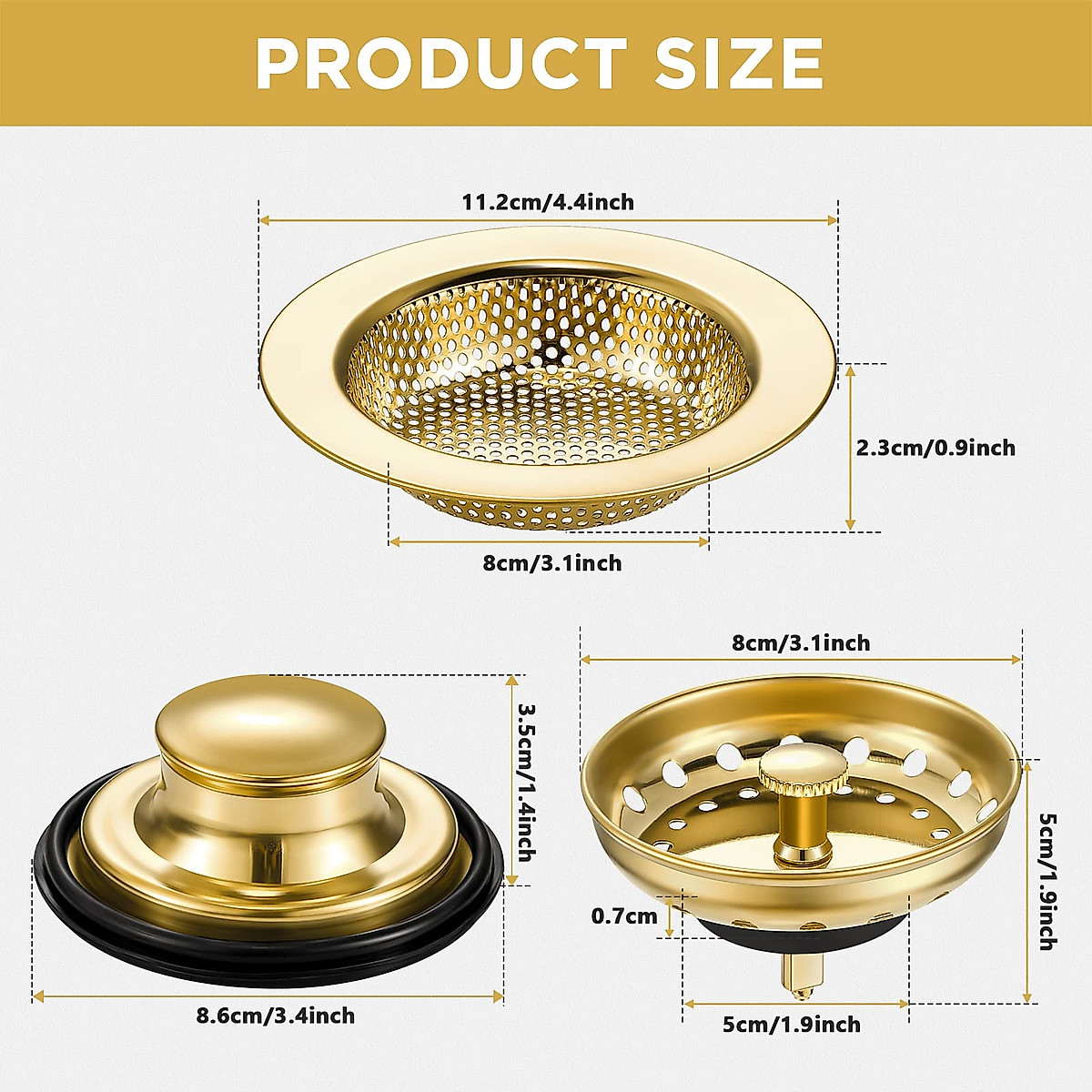 3 Pieces Kitchen Sink Stopper Strainer Garbage Disposal Plug, Stainless Steel Universal Anti-Clogging Filter, Sieve Basket Strainer, Wide Rim for Drain (Light Gold)