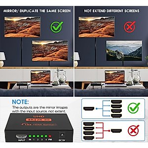 HDMI Splitter 1 in 4 Out 4K, 1x4 HDMI Splitter 3D Full HD 1080P, for Monitors Duplicate/Mirror, Compatible for HDTV PS4 Blu-Ray Player Box STB DVD Player, Projector Etc (1 Source onto 4 Displays)