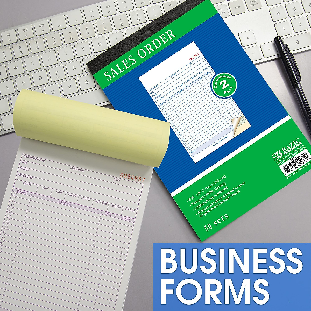 BAZIC Sales Order Book, 50 Sets 5 9/16" x 8 7/16" 2-Part Carbonless, White & Canary, Bound Wraparound Cover (50 Sets/Pack), 1-Pack