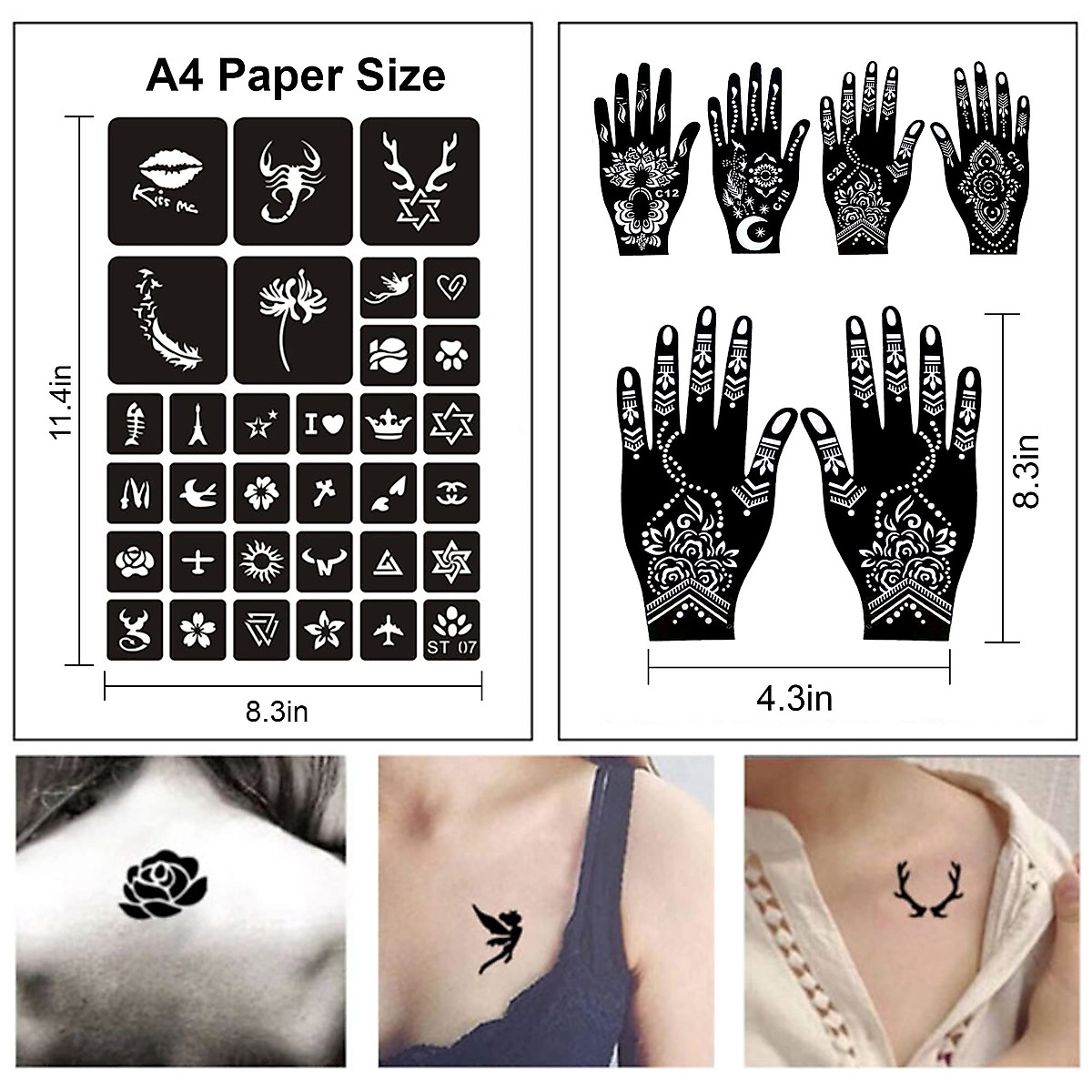 24 Sheets Henna Tattoo Stencil Kit 270+pcs, Henna Stencils Reusable Temporary Indian Glitter Airbrush Tattoo Stencils for Face Body Paint DIY