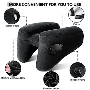 Neck Pillow for Travel Inflatable Airplane Pillow Comfortably Supports Head, Neck and Chin, Inflatable Travel Pillow with Soft Velour Cover and Portable Drawstring Bag (Black)