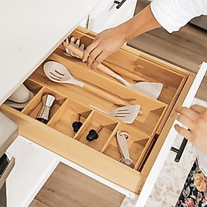 KitchenEdge Adjustable Kitchen Drawer Organizer for Utensils and Junk, Food-Safe Contract Grade with 100% Sustainable Wood, Non-Slip, Expandable from 10.5 to 18.5 Inches Wide - Natural Bamboo