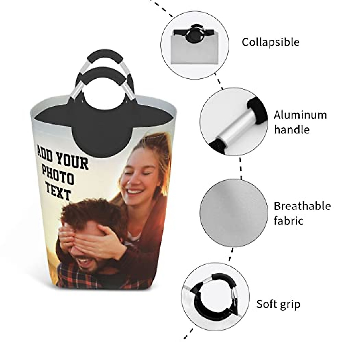 Personalized Hampers Custom Laundry Basket with Name, Customized Dirty Clothes Hamper with Photo/Text for Boys Girls Women Men, Collapsible Storage Basket with Handle for Bedroom, 22.7 x 12.6 in