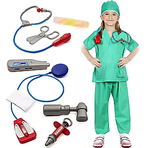 Latocos Doctor Costume for Kids Scrubs Set with Accessories Halloween Dress up Pretend Play for Boys Girls 3-10 Years