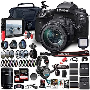 Canon EOS 90D DSLR Camera with 18-135mm Lens (3616C016), EF-S 55-250mm Lens, 4K Monitor, Pro Headphones, Pro Mic, 2 x 64GB Cards, Case, Corel Photo Software, Pro Tripod + More (Renewed)