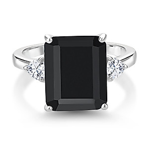 Gem Stone King 925 Sterling Silver Black Onyx and White Moissanite 3 Stone Ring For Women (6.09 Cttw, Gemstone Birthstone, Emerald Cut 12X10MM, Trillion 3.5MM) (Size 8)