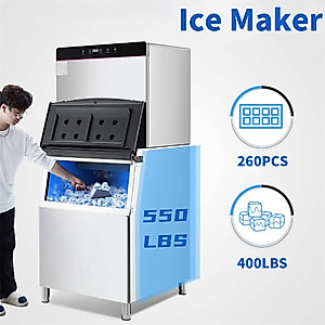 GarveeTech Commercial Ice Maker Machine, 550lbs/24hrs, 330lbs Stainless Steel Storage Bin, Self-Cleaning Feature with LCD Panel, Freestanding Under Counter Ice Maker for Restaurants, Bars, Cafes