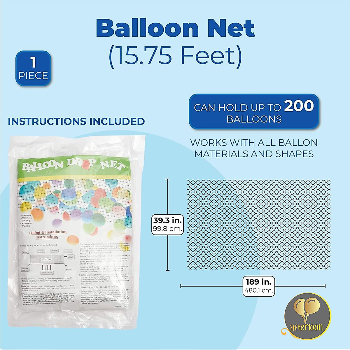 AFTERLOON® 16 ft 200 Balloon Drop Net - Easy to Use Balloon Release System for Ceiling Release, Birthday Party, Graduation, New Years Eve