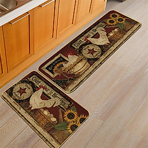 DXSHCG Farmhouse Decorative Kitchen Rugs and Mats Set of 2, Farm Rooster Non-Slip Kitchen Mats,Seasonal Holiday Party Sets Washable Low-Profile Floor Mats - 17x29 and 17x47 Inch