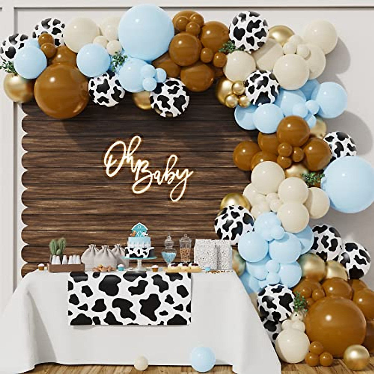 BALONAR 135Pcs Cowboy Blue Balloons Arch Garland Kit with 18/10/5inch Sand White Coffee Cow Print Farm Animal Gold Balloons for Boy Birthday Party Baby Shower Birthday Supplies (Blue)