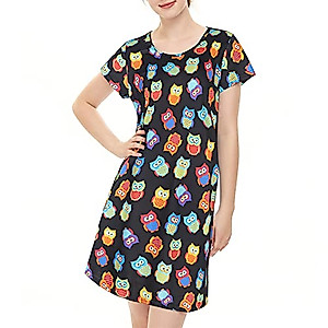 Zando Plus Size Nightgowns for Women Cotton Pajamas Soft Sleep Shirts Short Sleeve Night Gown Cute Girls Nightgowns Printed House Dress Night Shirts for Women Sleepwear Black Owls Large