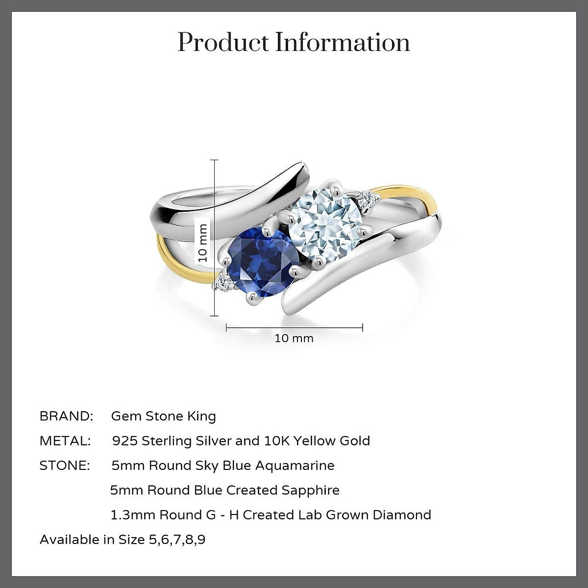 925 Sterling Silver and 10K Yellow Gold Sky Blue Aquamarine Blue Created Sapphire and White Lab Grown Diamond Women Ring (1.12 Cttw, Gemstone Birthstone, Available In Size 5, 6, 7, 8, 9)