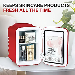 YSSOA 4L Mini Fridge with 12V DC and 110V AC Cords, 6 Can Portable Cooler & Warmer Compact Refrigerators for Food, Drinks, SkinCare, Office Desk, Red