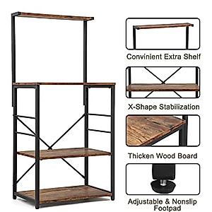 WYKDD 4 Tier Wooden Kitchen Storage Rack Bakery Shelf with 4 Tier Microwave Oven Farmhouse Rustic Industrial Style X Design Frame