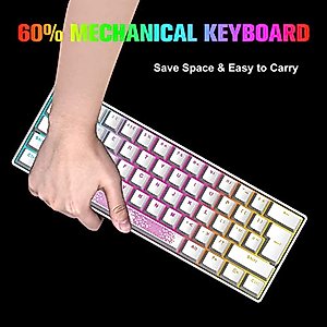 Mechanical Mini RGB Gaming Keyboard and Mouse Combo with Compact 62Key Layout Rainbow Backlight Anti-ghosting 6400DPI Honeycomb Mice Type-C Wired for PC Mac Gamer Laptop Typists DIY(White/Blue Switch)