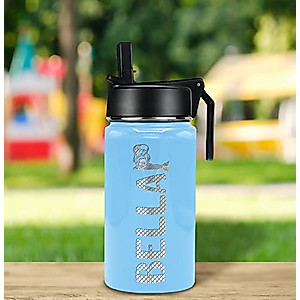 Personalized Kids Water Bottle with Straw Lid on Pastel Blue Gloss for School Engraved Custom Children Name 12 oz Modern Insulated Stainless Steel