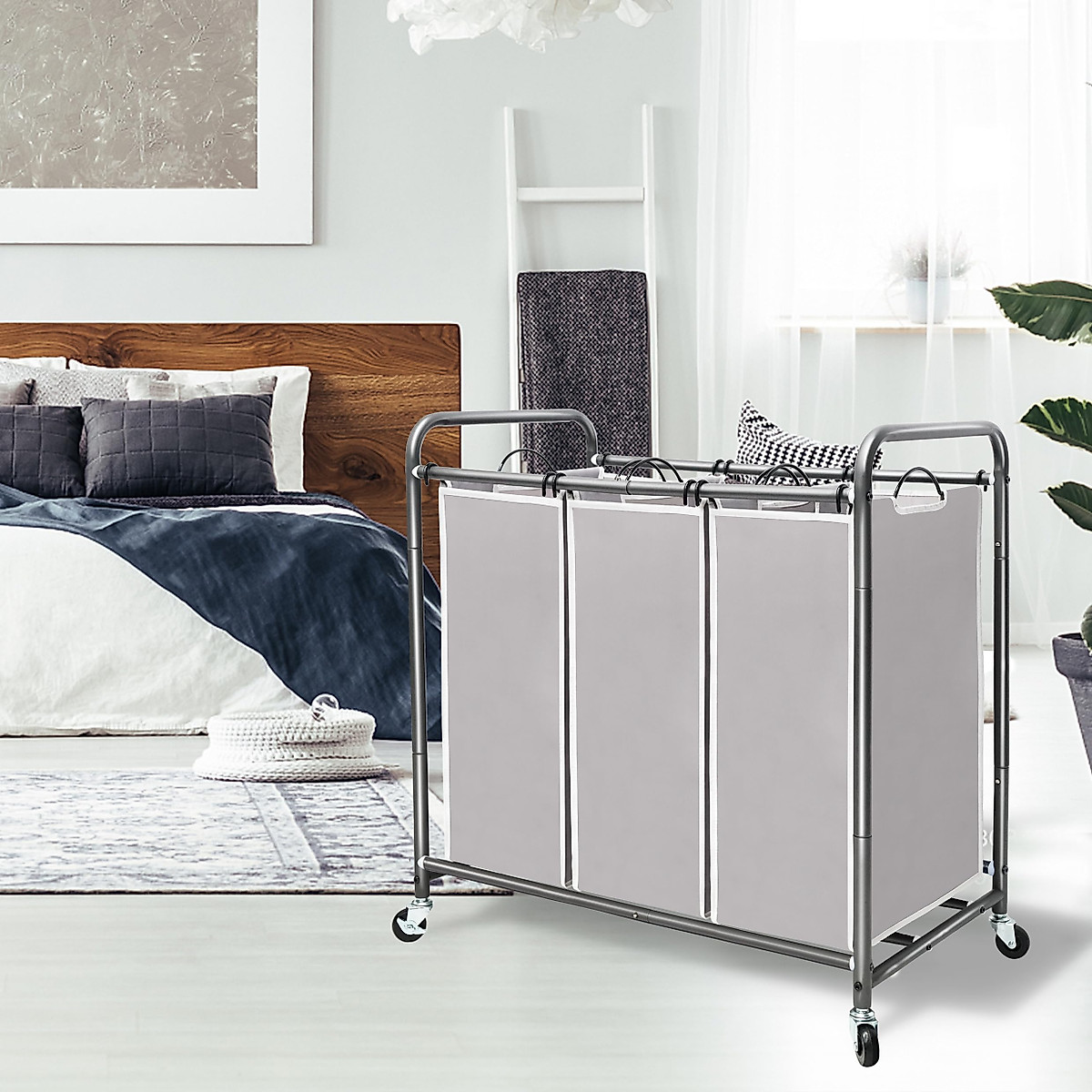 STORAGE MANIAC 3 Section Laundry Sorter, 3 Bag Laundry Hamper Cart with Heavy Duty Rolling Lockable Wheels and Removable Bags, Laundry Organizer Laundry Basket Laundry Clothes Separator Hamper, Gray