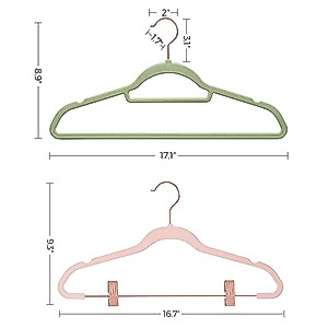 SONGMICS 50-Pack Velvet Hangers and 24-Pack Pants Hangers Bundle, Clothes Hanger with Rose Gold Swivel Hook, Coat Hangers with Movable Clips, Pale Green and Light Pink UCRF021GR50 and UCRF14PK24