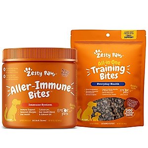 Zesty Paws Allergy Immune Supplement for Dogs - with Omega 3 Salmon Fish Oil + Training Treats for Dogs & Puppies - Hip, Joint & Muscle Health