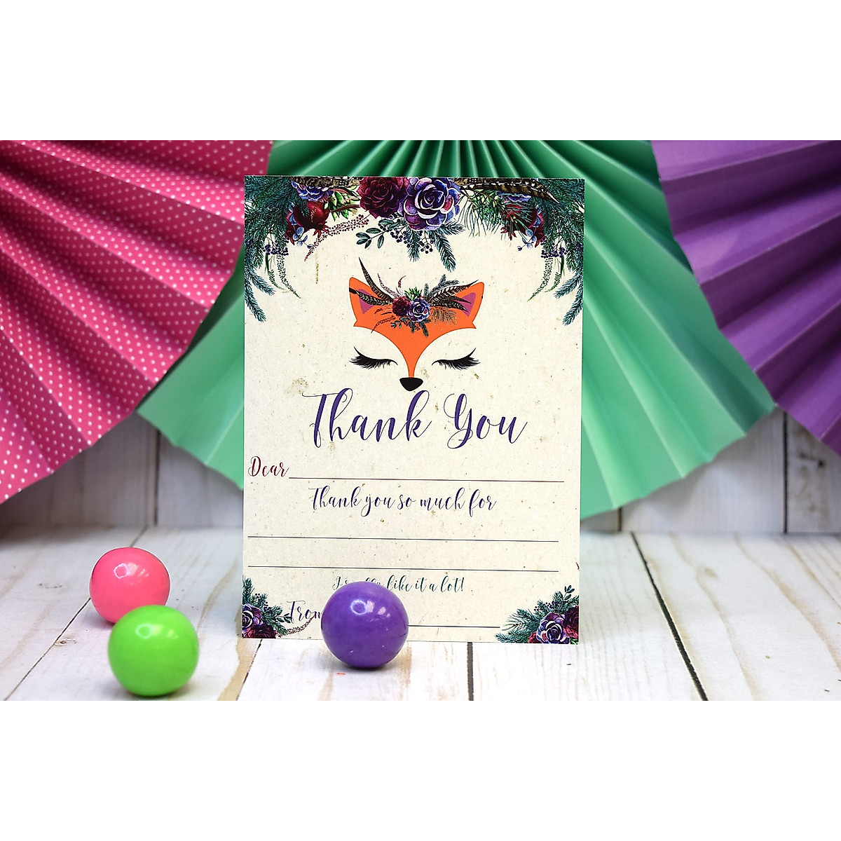 Woodland Forest Fox Face Floral Thank You Notes, Ten 4" x 5.5" Fill In The Blank Cards with 10 White Envelopes by AmandaCreation