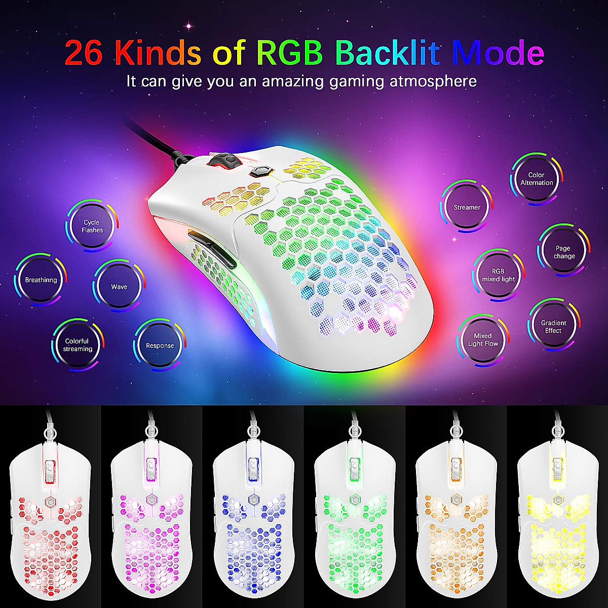 ZIYOU LANG M5 RGB Lightweight Wired Gaming Mouse with 12000 DPI 6 Programmed Buttons,65G Honeycomb Shell,Ultralight Ultraweave Cable,Pixart 3325 Optical Sensor Gamer Mice for Laptop PC Mac(White)