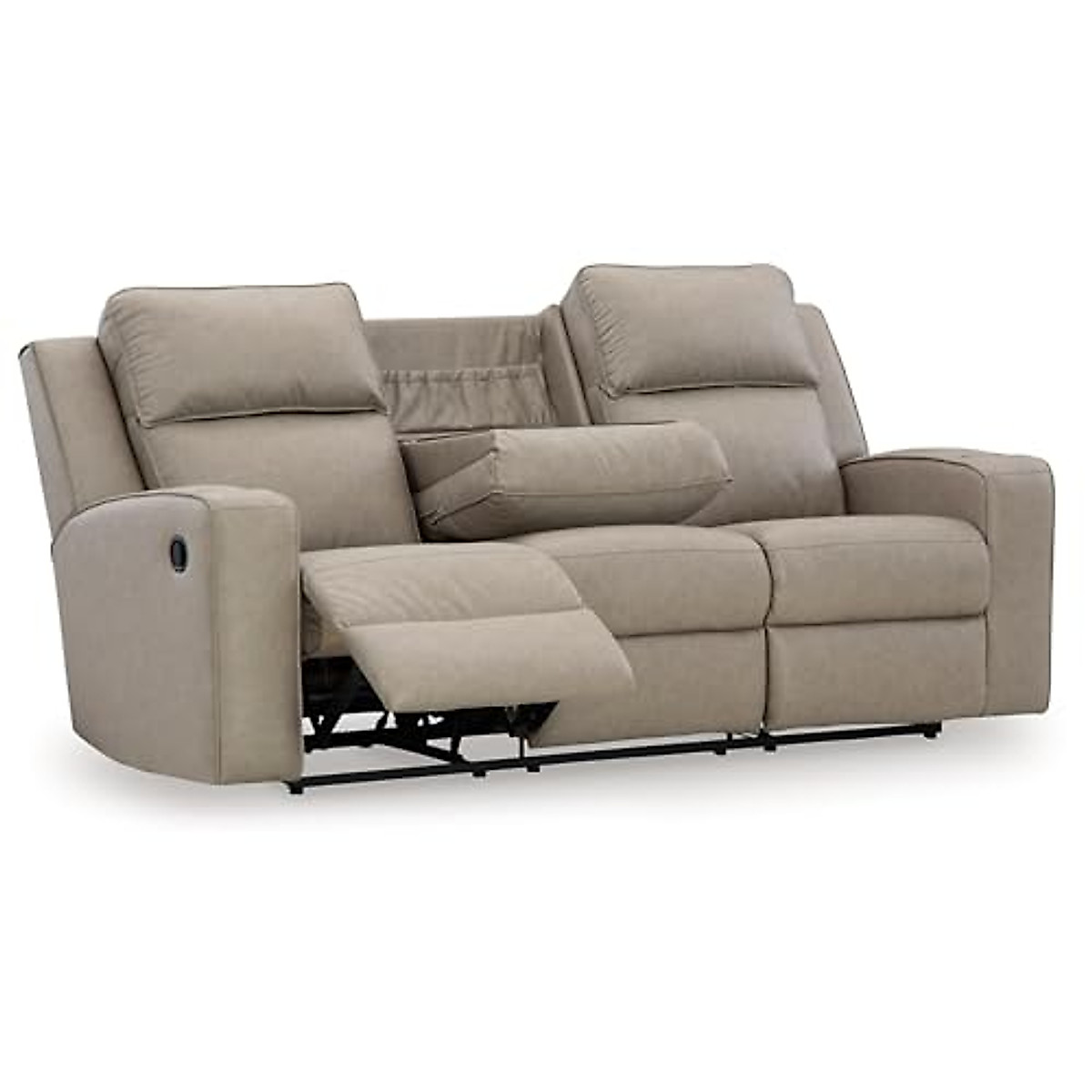 Signature Design by Ashley Lavenhorne Contemporary Faux Leather Manual Reclining Sofa with Drop Down Table, Cup Holders and USB Ports, Beige