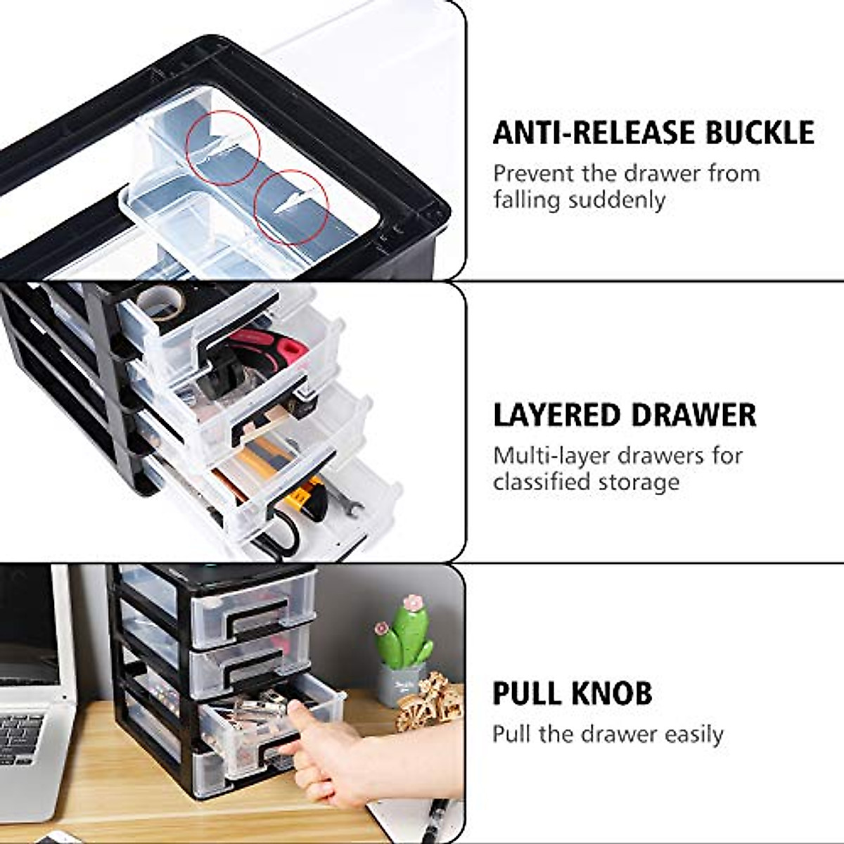 BESPORTBLE Plastic Storage Drawers - 4 Drawer Storage Organizer Closet Portable Multifunction Storage Rack Organizer (Black and Transparent)