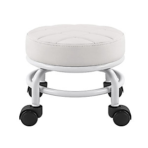 FURWOO Low Roller Seat PU Leather Rolling Stool Step Stool Mechanic Stool on Wheels for Home Office Garage Shop White