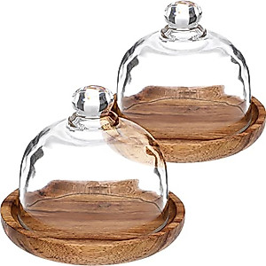 Yardwe 2 Sets Glass Dome with Wooden Base Mini Cake Stand Glass Display Dome Cloche Clear Glass Bell Jar Cover for Dessert Cheese Candy Plants Succulents (4.1 x 3.7 Inch)
