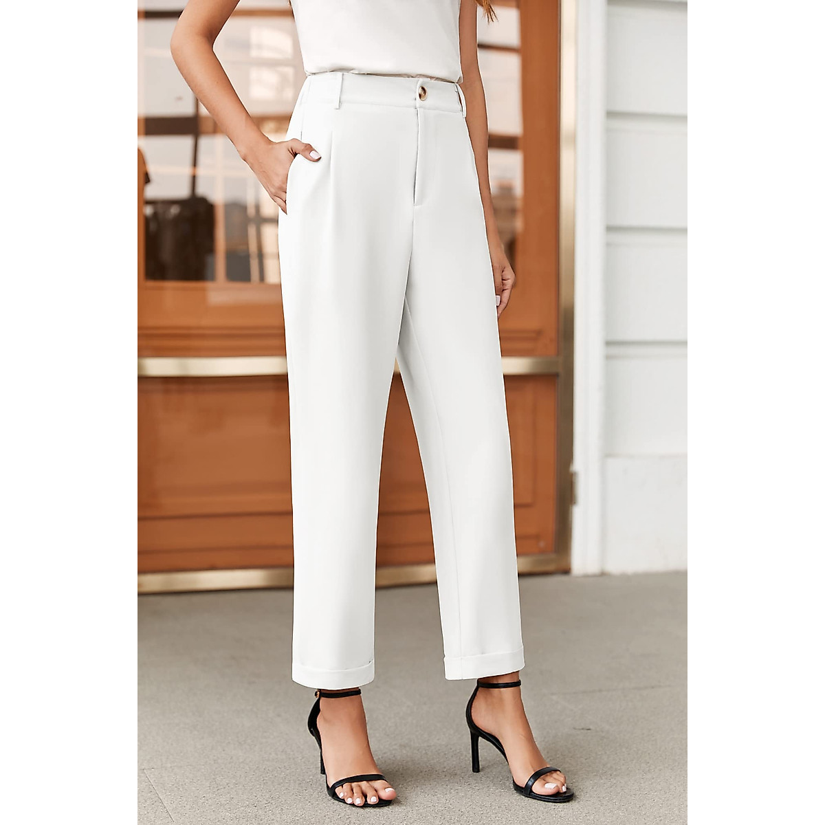 Febriajuce Women's High Elastic Waisted Dress Pants Button Down Pleated Work Pants Straight Leg Ankle Pants Office Trousers White