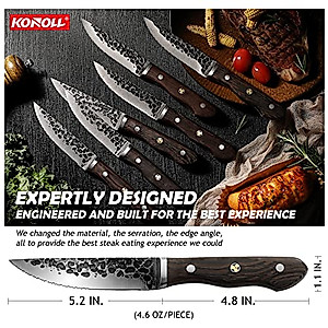 KONOLL Steak Knives Set of 6 Steaks Knife Serrated Blade Forged Handmade German High Carbon Steel Full Tang Handle