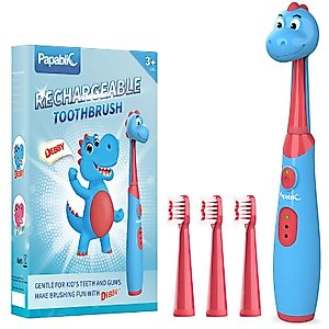 Papablic Kids Sonic Rechargeable Electric Toothbrush for Age 3+ with 4 Brush Heads, Cute Dino Cover, Timer, and Brushing Chart (Debby)