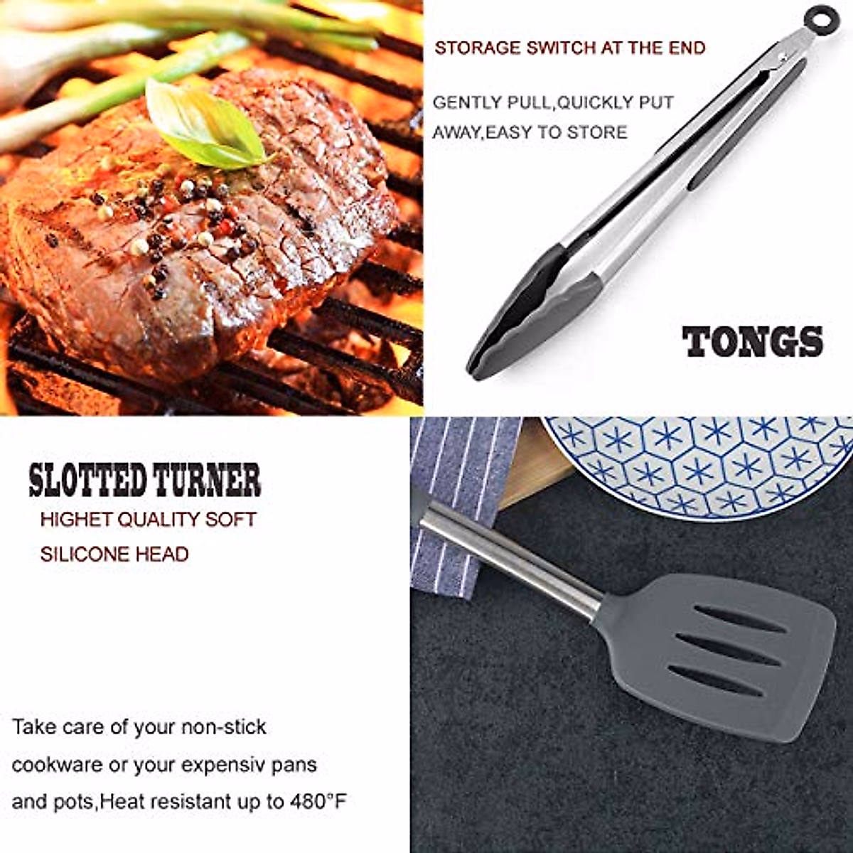 Kitchen Utensil Set,Silicone Cooking Utensils, Kitchen Utensils Set with Stainless Steel Handle,Silicone Spatula Set Utensil Set, Cooking Utensil Set,Kitchen Tools Gadgets for Nonstick Cookware