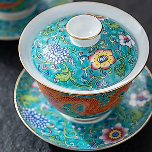 YARNOW Chinese Porcelain Teacup, 1Set of Gaiwan Tureen Cover Bowl Lip Cup Saucer Tea with Lid, Green Dragon