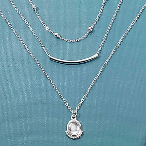 Yheakne Boho Layered Opal Moonstone Necklace Choker Silver Carved Bar Necklace Tube Necklace Vintage Multi Layer Necklace Chain Jewelry for Women