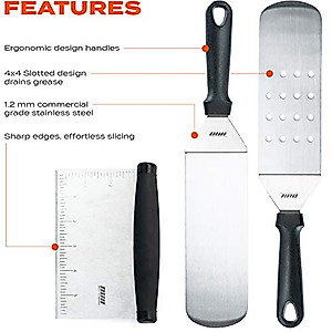 OUII Flat Top Griddle Accessories Set for Blackstone and Camp Chef Griddle - 14 Pieces Set with Griddle Cleaning Kit & Carry Bag! Metal Spatula, Griddle Scraper, Egg Rings for Teppanyaki & Gas Grill