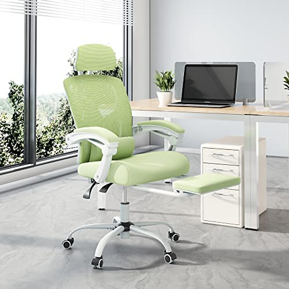 Ergonomic Office Chair, Reclining High Back Mesh Chair, Computer Desk Chair, Swivel Rolling Home Task Chair with Lumbar Support Pillow, Adjustable Headrest, Retractable Footrest and Padded Armrests