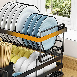 2 Tier Dish Drainer Rack, Large Capacity Kitchen Countertop Organizer, with 360° Rotation Guide Sink Tray & Chopstick Holder, for Above The Sink